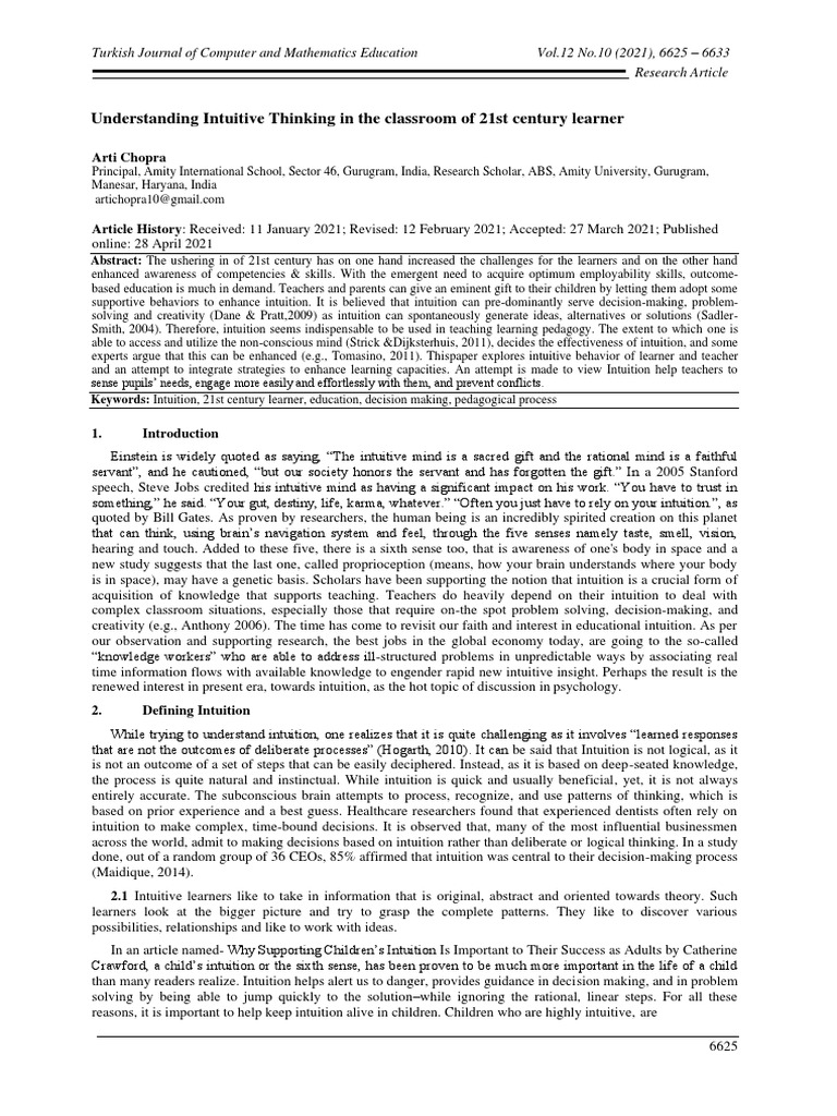 Understanding Intuitive Thinking in The Classroom of 21st Century ...