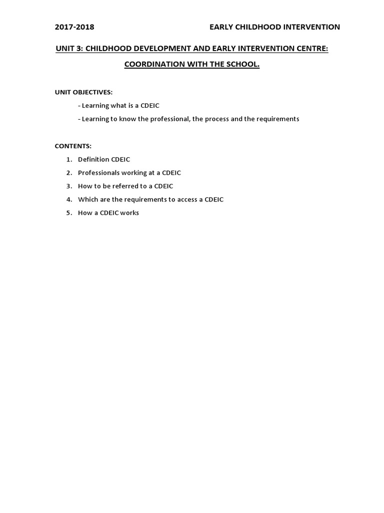 2017-2018 Early Childhood Intervention Unit 3: Childhood Development and Early Intervention ...