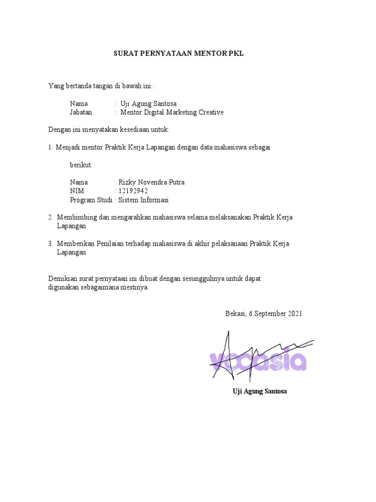 Surat Pernyataan Mentor PKL BSI | PDF | Karier & Perkembangan | Bisnis