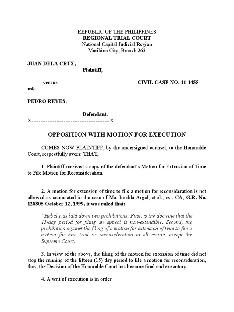 Opposition With Motion For Execution: Regional Trial Court | PDF ...