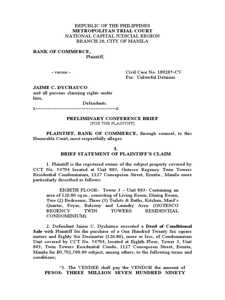 Preliminary Conference Brief for Eviction | PDF | Lawsuit | Complaint