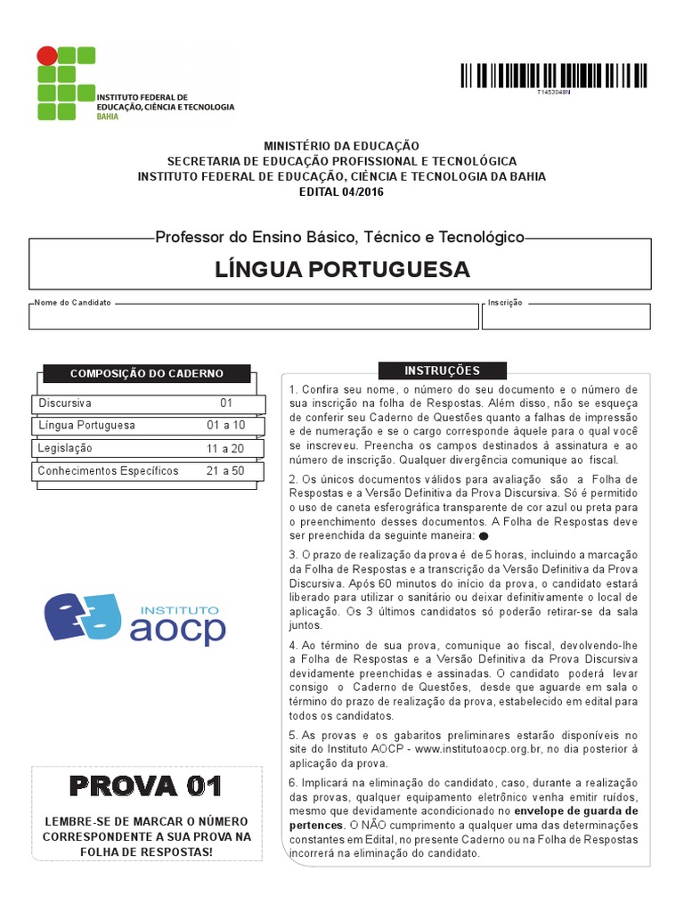 Instituto AOCP 2016 - IfBA - PROVA - Português | PDF | Linguagem ...