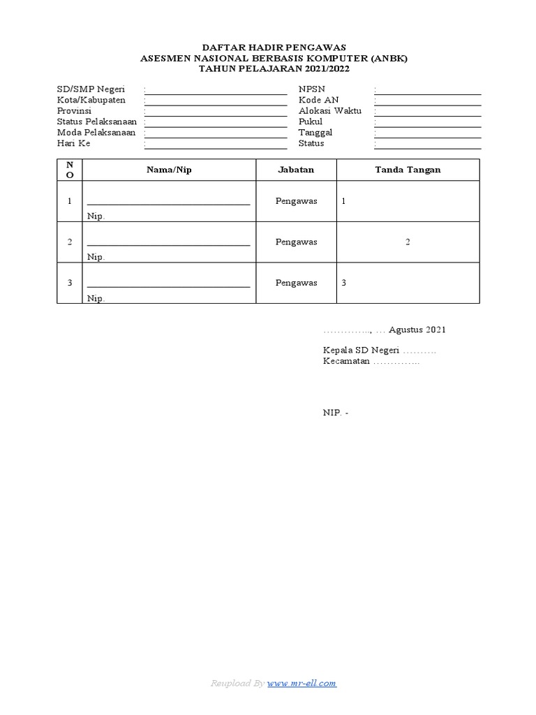 Daftar Hadir Pengawas ANBK 2021/2022 | PDF