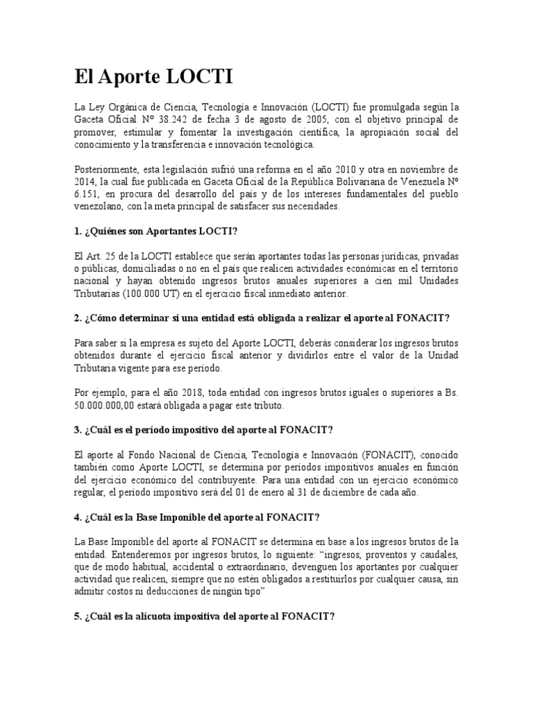 Aporte LOCTI: Guía y Obligaciones | PDF | Venezuela | Economias