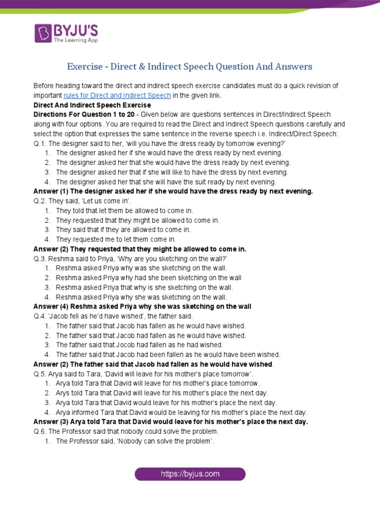 Direct and Indirect Speech Exercises | PDF | Question | Language Mechanics