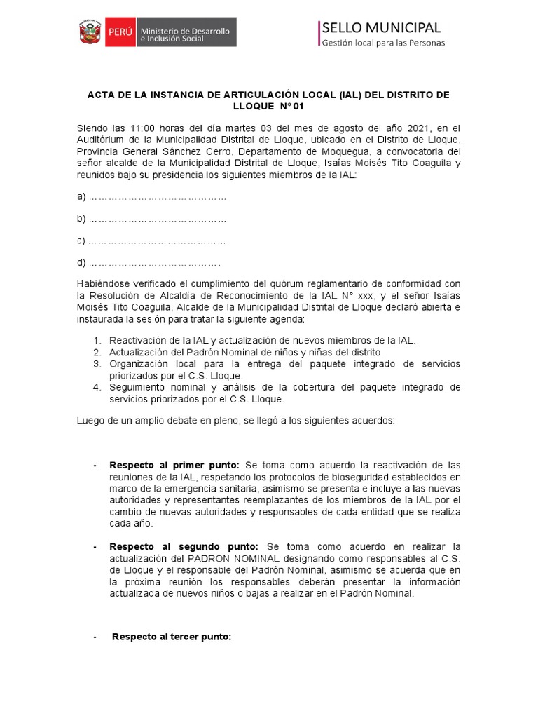 P2 - Acta-Acuerdos-IAL Formato Referencial | PDF | Gobierno