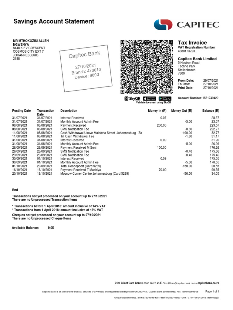 Savings Account Statement: Capitec B Ank | PDF | Financial Transaction | Payments