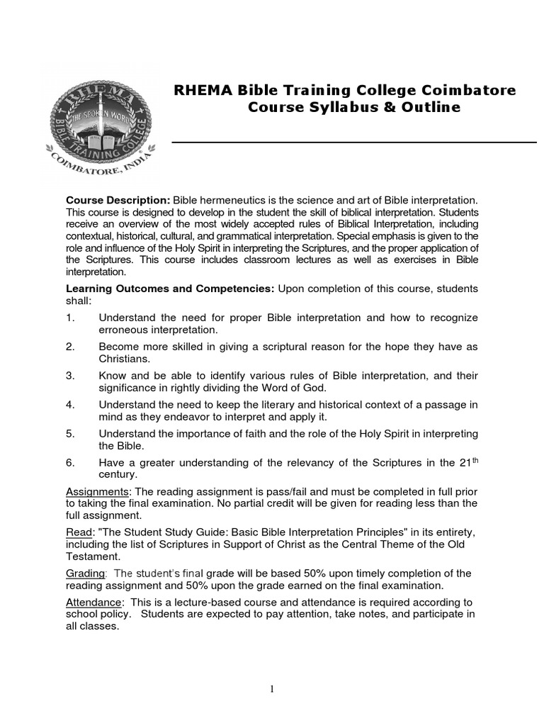 RBTCC Bible Interpretation Syllabus & Course Outline | PDF ...