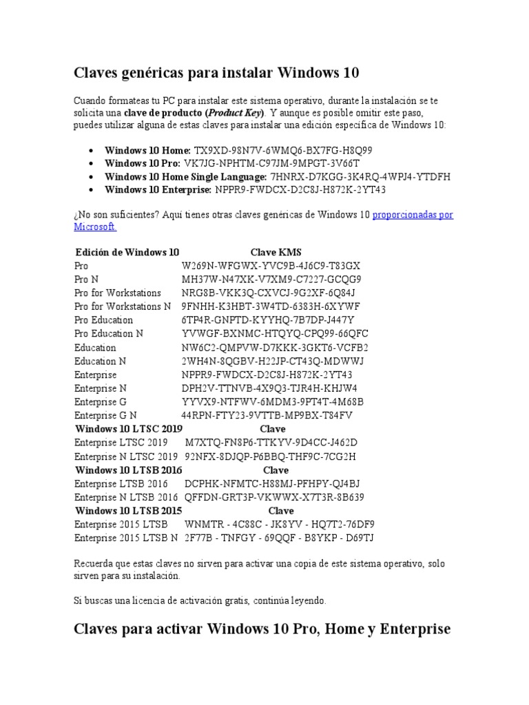 Claves Genéricas para Instalar Windows 10 | PDF | Windows 10 ...