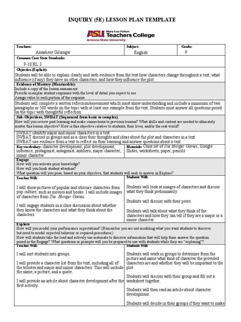 Inquiry (5E) Lesson Plan Template: Evidence of Mastery (Measurable ...
