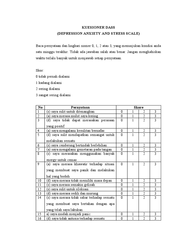 Kuesioner Depression Anxiety and Stress Scale | PDF