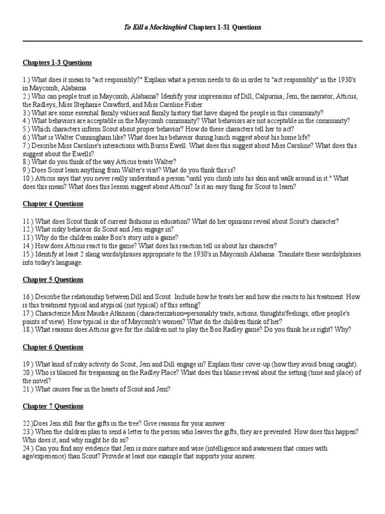 To Kill a Mockingbird: Chapter Questions | PDF | To Kill A Mockingbird