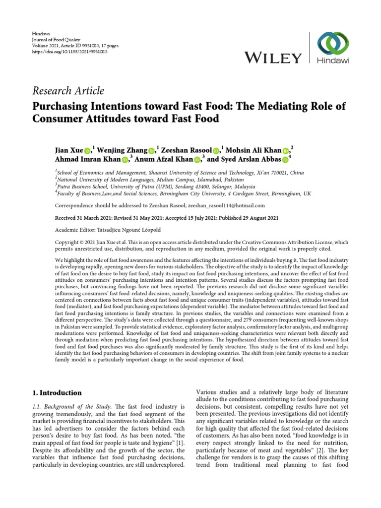Research Article: Purchasing Intentions Toward Fast Food: The Mediating ...