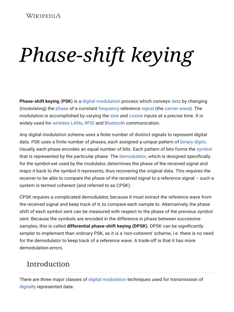 Phase-Shift Keying - Wikipedia | PDF | Communication | Data Transmission