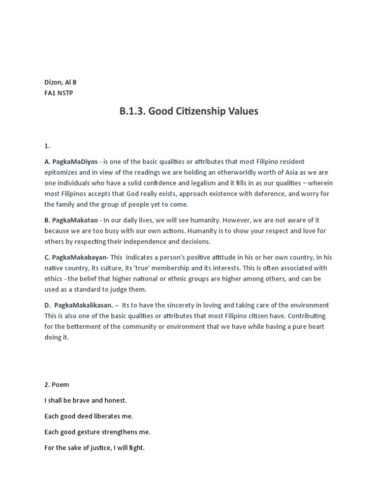 B.1.3. Good Citizenship Values: Dizon, Al B Fa1 NSTP | PDF | Social Science