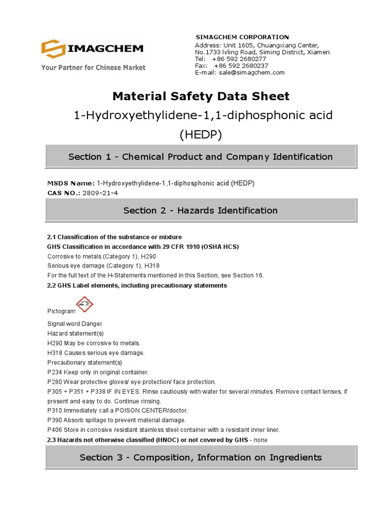 1-Hydroxyethylidene-1,1-Diphosphonic Acid (HEDP) : Material Safety Data ...