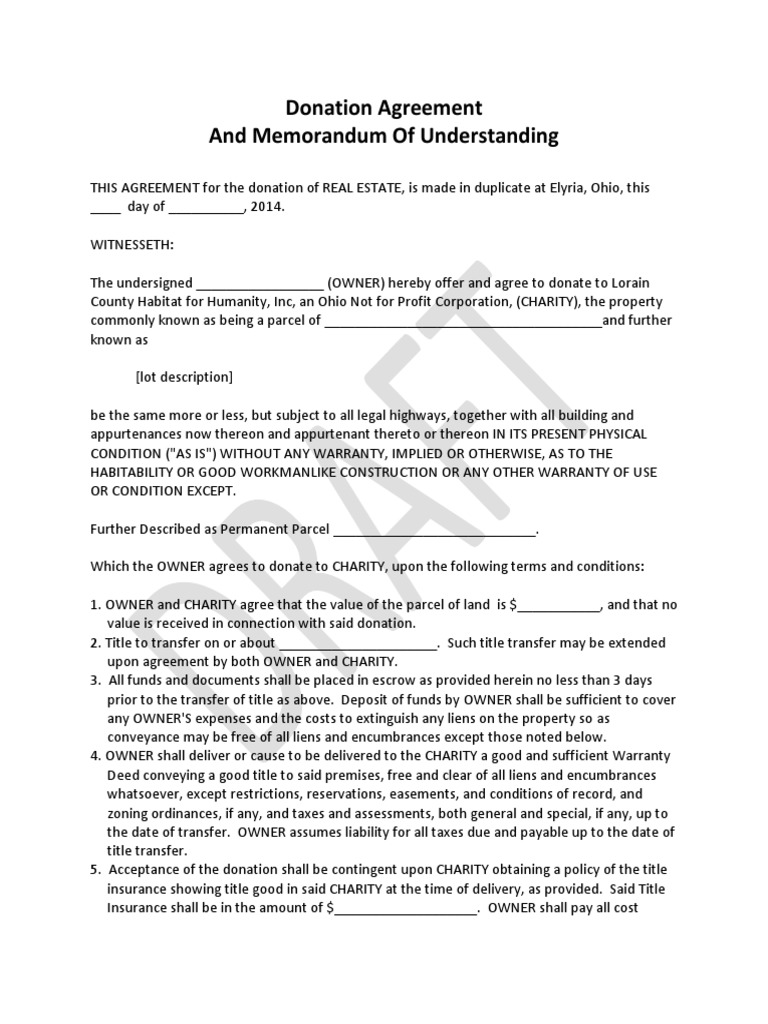 Donation Agreement and Memorandum of Understanding | PDF | Insurance | Deed