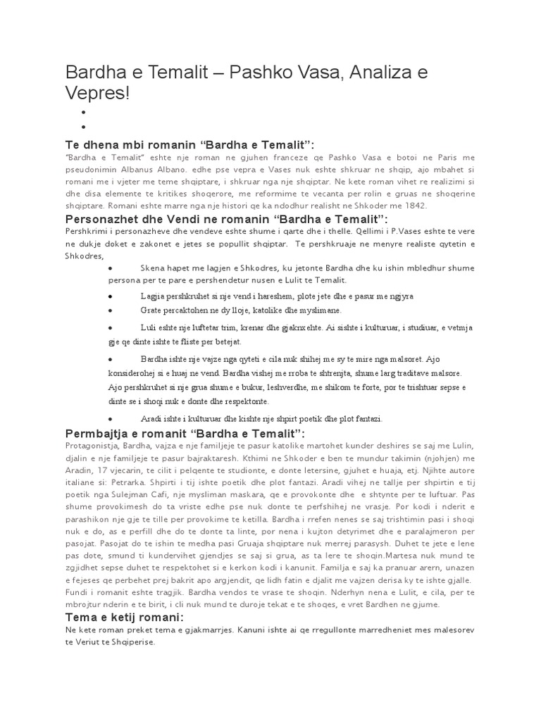Bardha e Temalit ANALIZA | PDF