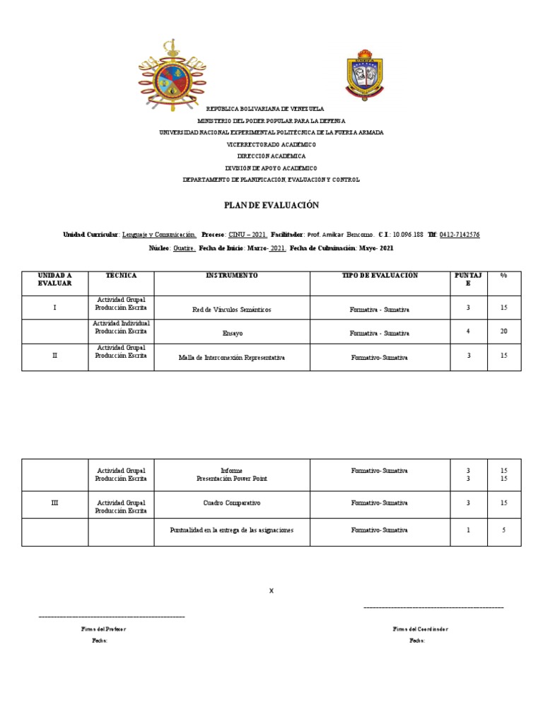 Unefa. Plan de Eval. Leng. y Comunic. Cinu 2021. | PDF