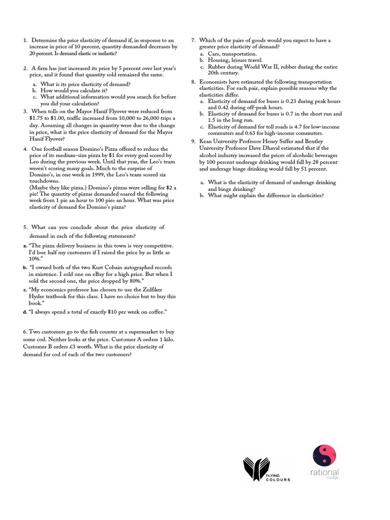 PED Worksheet | PDF | Demand | Price Elasticity Of Demand