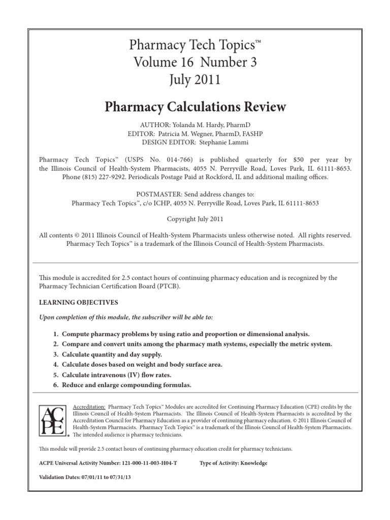 Pharmacy Calculations Review: Pharmacy Tech Topics™ Volume 16 Number 3 ...