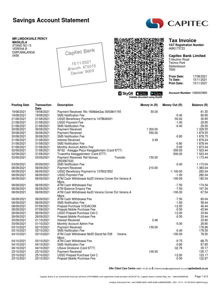 Savings Account Statement: Capitec B Ank | PDF | Prepaid Mobile Phone ...