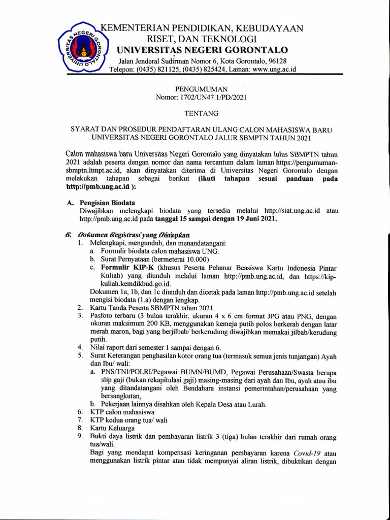 Syarat Dan Prosedur Pendaftaran Ulang Calon Mahasiswa Baru UNG Jalur SBMPTN Tahun 2021 | PDF ...