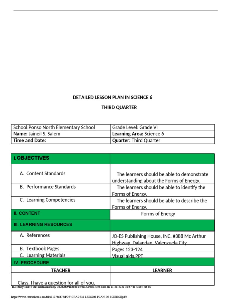Grade 6 Science Lesson Plan: Energy Forms | PDF | Teachers | Lesson Plan