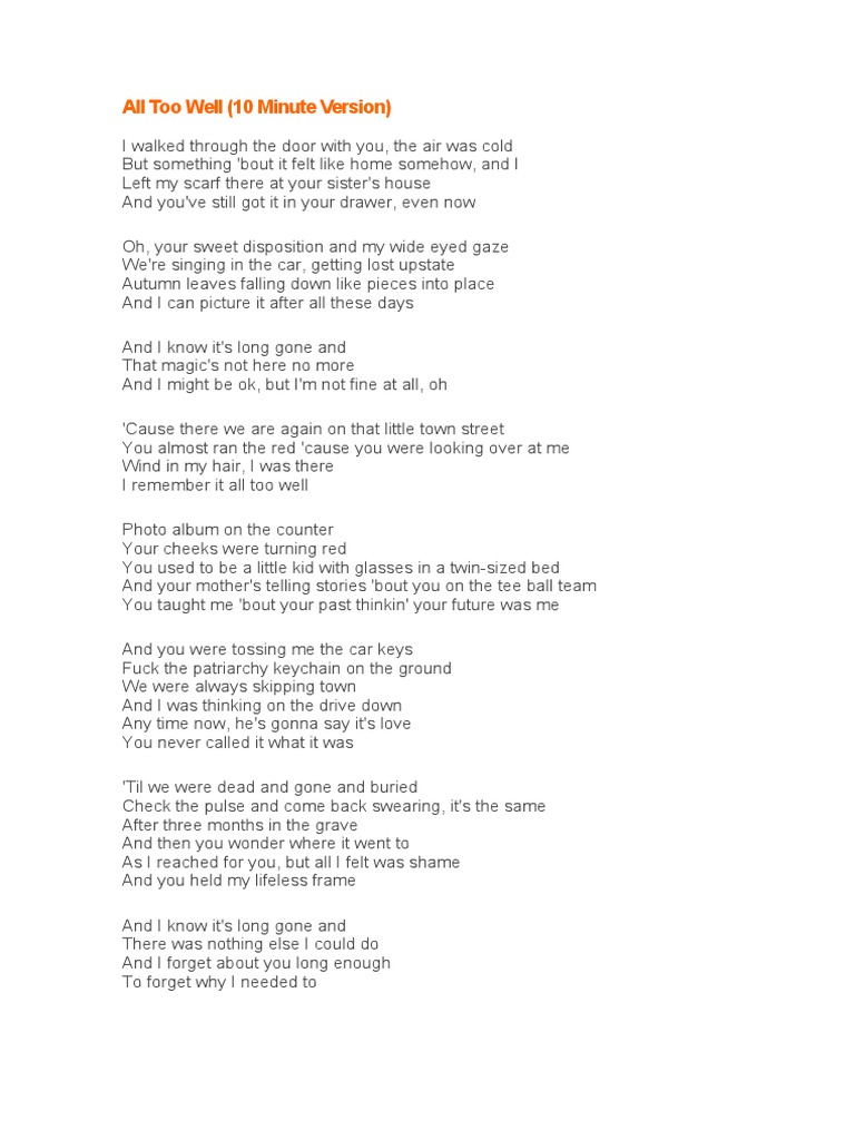 All Too Well A Heartfelt Reflection Pdf Poetry