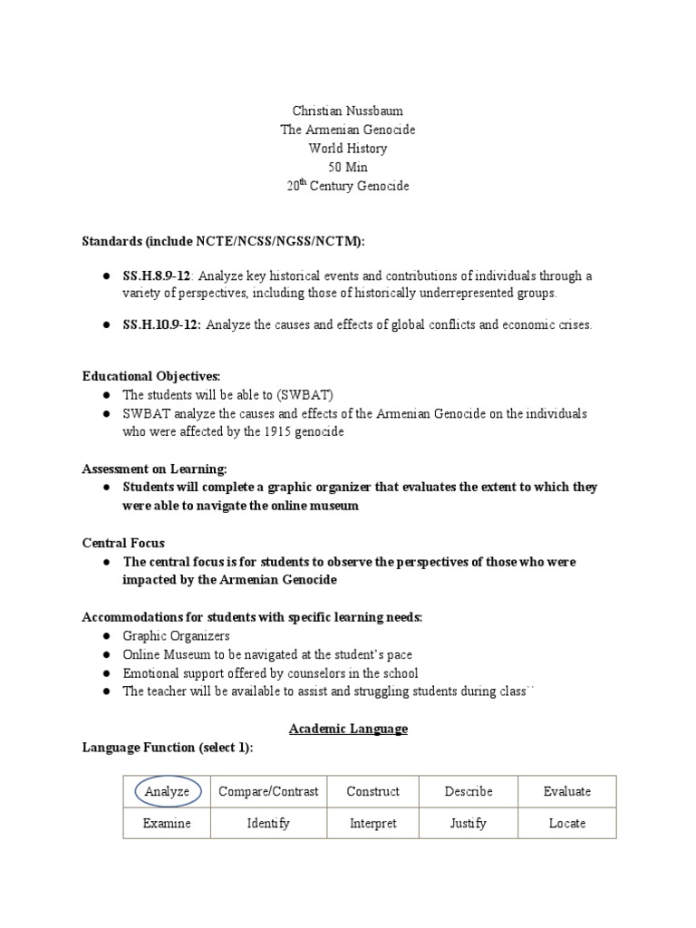 Armenian Genocide Lesson Plan | PDF | Lesson Plan | Cognition