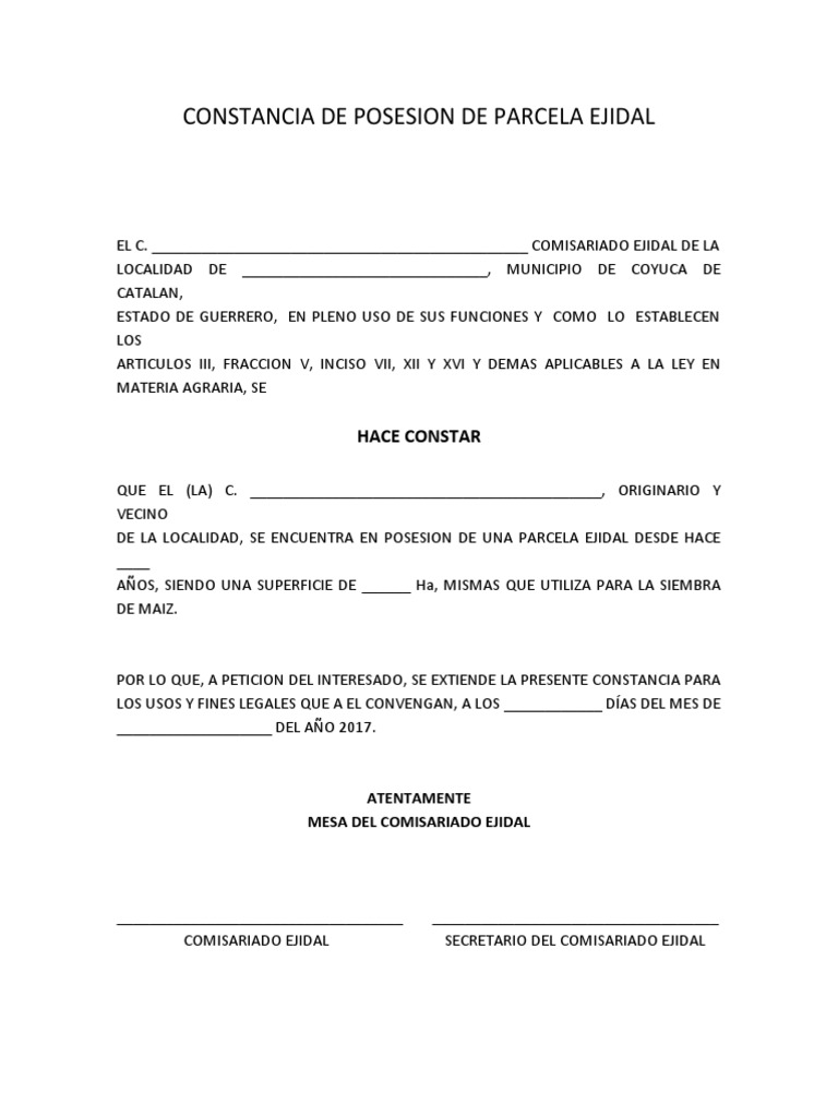 Constancia de Posesion de Parcela Ejidal | PDF | Justicia | Crimen y ...