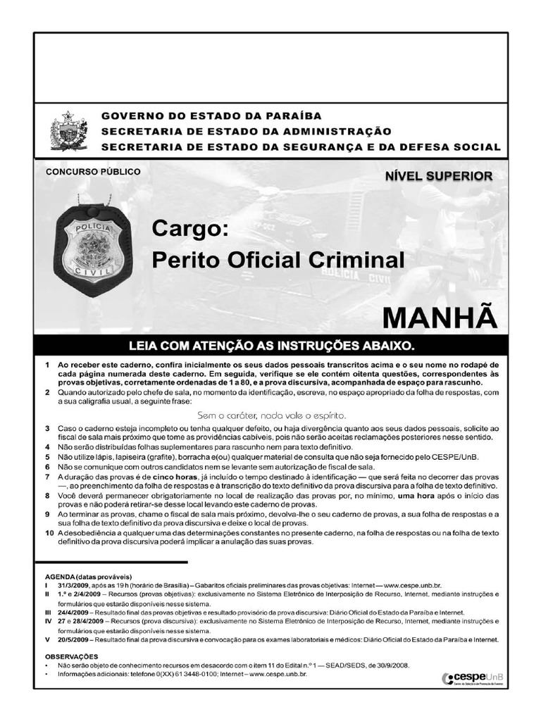 Cespe 2009 Pc Pb Perito Oficial Criminal Prova Pdf Testemunha