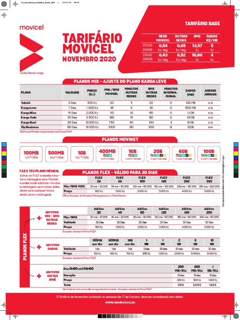 Tarifário da Movicel para o mês de Novembro de 2020 com detalhes dos ...