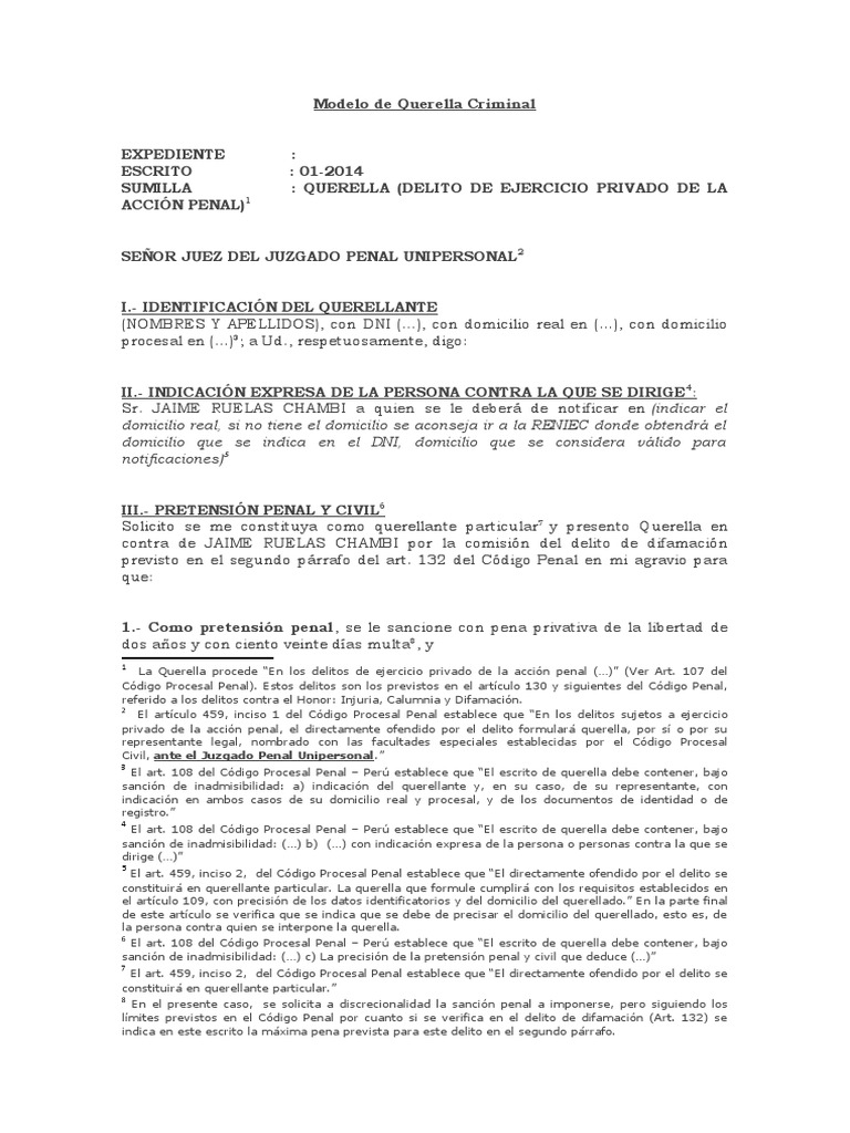 Modelo de Querella Por Difamacion | Descargar gratis PDF | Queja ... Modelo de Querella Por Difamacion | Descargar gratis PDF | Queja ...