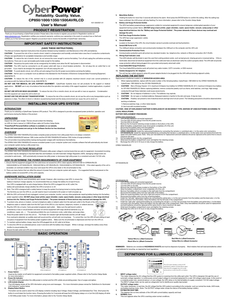 Cyber Power CP850:1000:1350:1500AVRLCD UPS Manual | PDF | Ac Power Plugs And Sockets ...