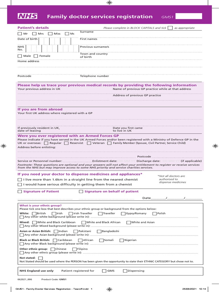 GMS1 Family Doctor Services Registration Form | PDF | National Health ...