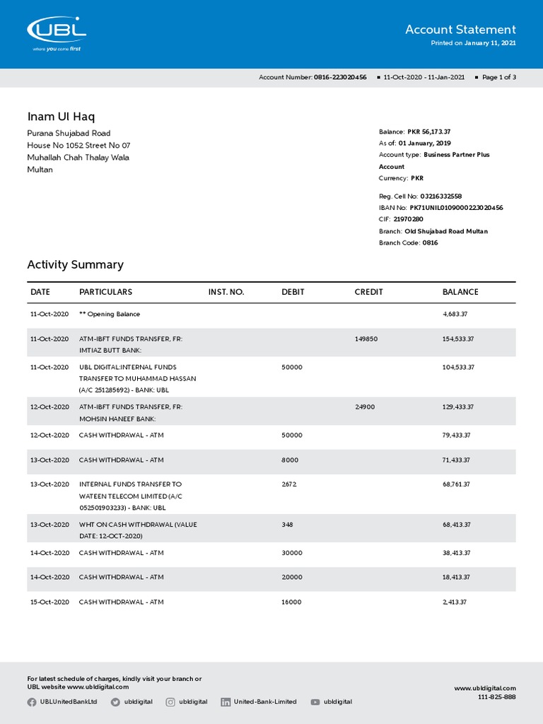Inam Ul Haq: Account Statement | PDF | Automated Teller Machine | Debit Card