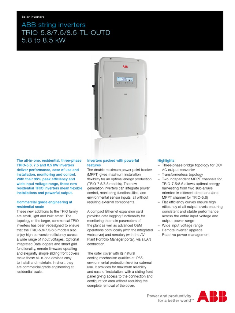 TRIO-5.8/7.5/8.5-TL-OUTD 5.8 To 8.5 KW: ABB String Inverters | PDF | Power Inverter | Direct Current