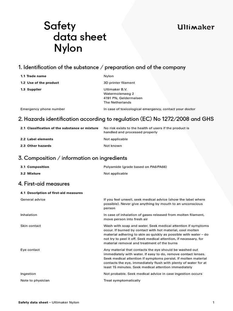 Nylon Ultimaker Safety Data Sheet | PDF | Toxicity | Firefighting