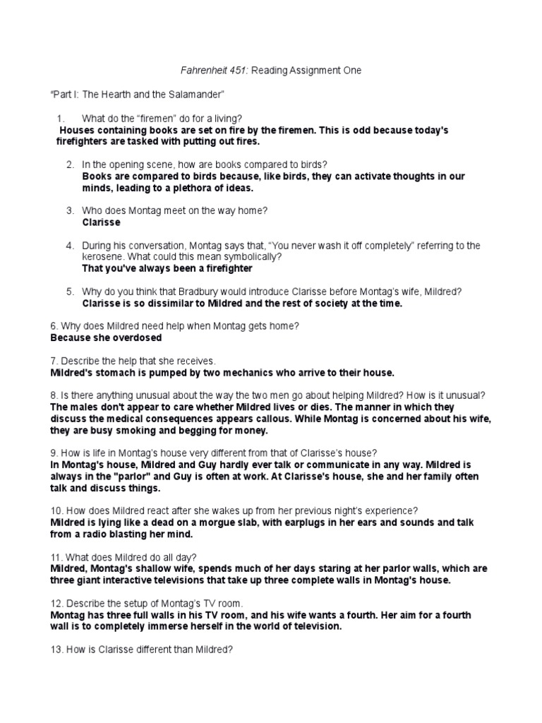 Fahrenheit 451: Reading Assignment One "Part I: The Hearth and The ...