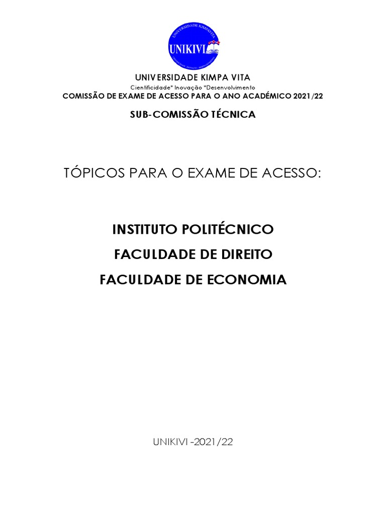 Unikivi Topicos Gerais Exames Acesso 2021 22 | PDF | Química | Angola