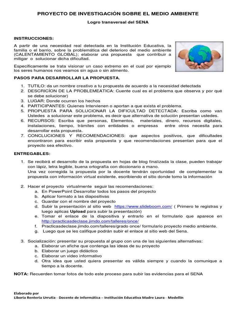 Proyecto de Investigación Sobre El Medio Ambiente Grado 11° | PDF