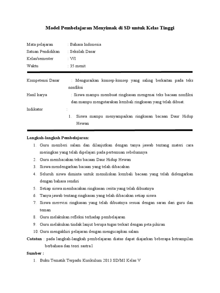 Model Pembelajaran Menyimak Di SD Untuk Kelas Tinggi | PDF Model Pembelajaran Menyimak Di SD Untuk Kelas Tinggi | PDF