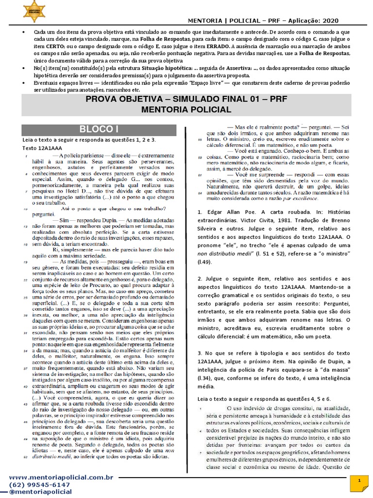 Simulado 01 - PRF - Mentoria Policial | PDF | Tráfego | Internet