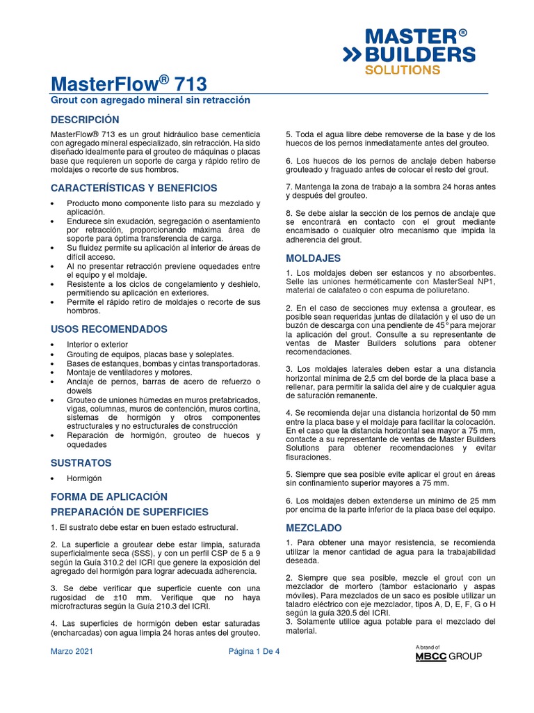 Masterflow 713 Tds | PDF | Hormigón | Agua