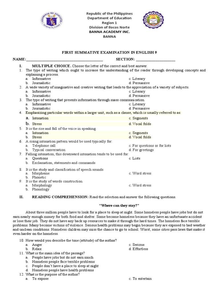 Grade 9 English Exam | PDF | Word | English Language