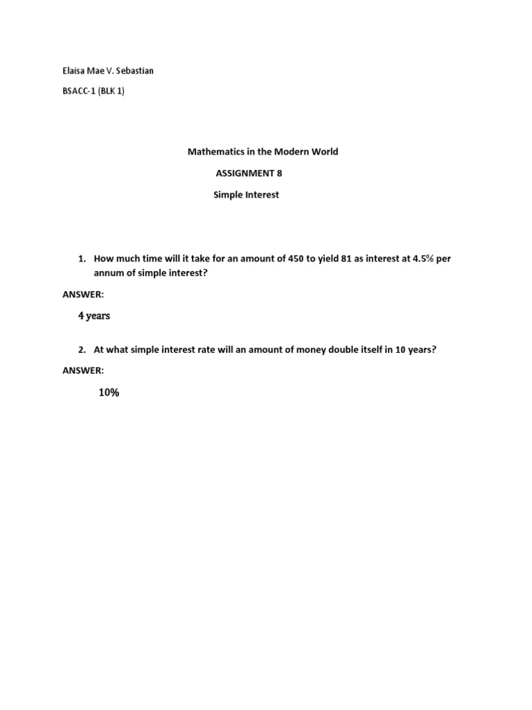 Assignment 8 Simple Interest | PDF
