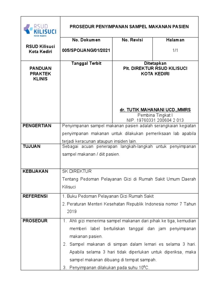 SPO 005 Penyimpanan Sampel Makanan Pasien | PDF