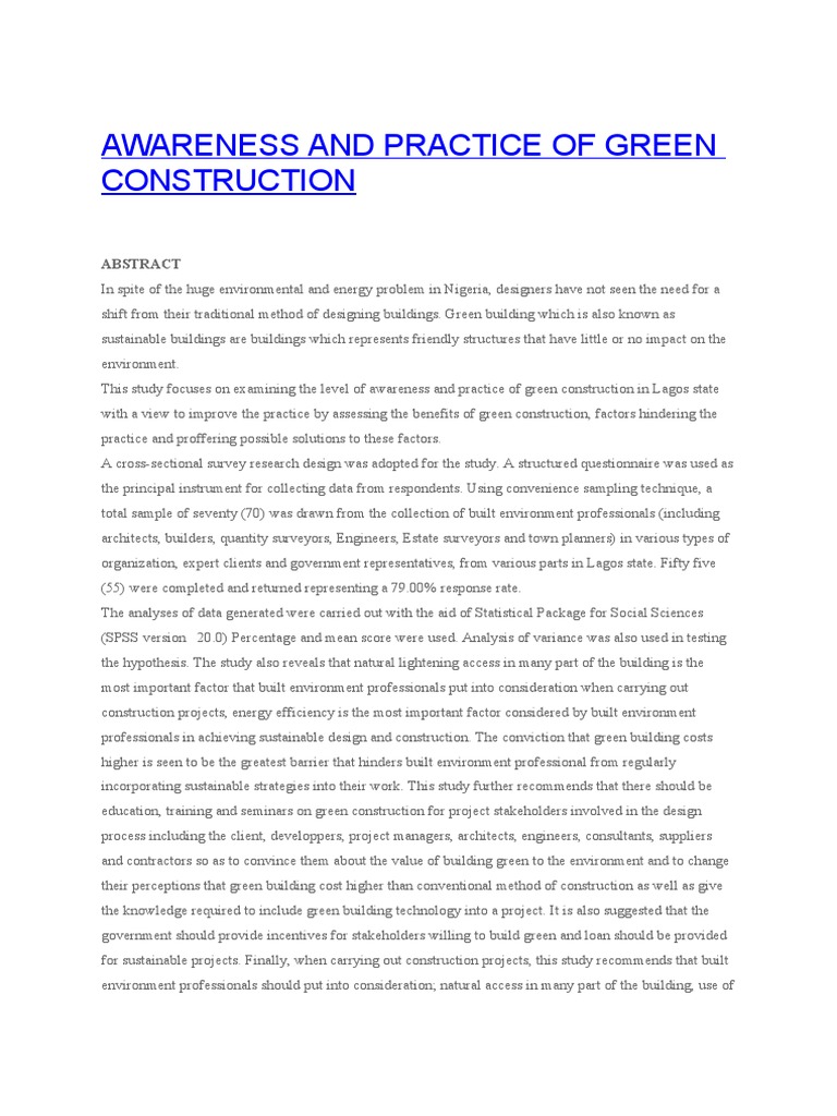 Awareness and Practice of Green Construction | PDF | Green Building ...