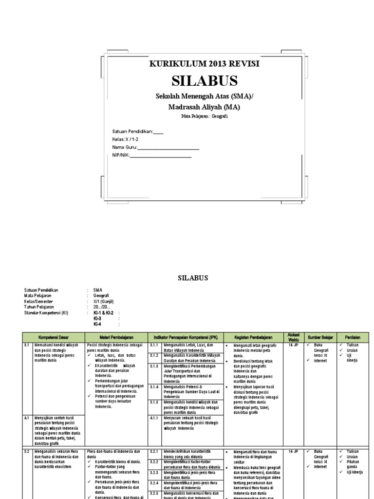 Silabus Geografi Kls 10 | PDF